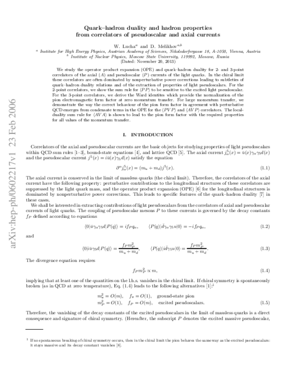(PDF) Quark-hadron duality and hadron properties from correlators of pseudoscalar and axial currents
