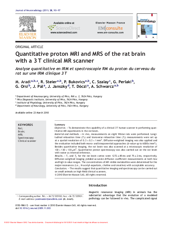 (PDF) Quantitative proton MRI and MRS of the rat brain with a 3T ...