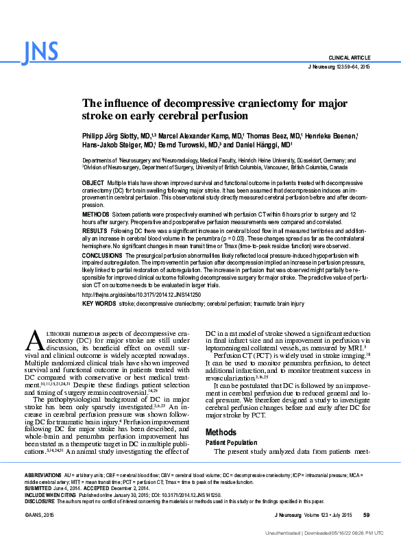 (PDF) The influence of decompressive craniectomy for major stroke on ...