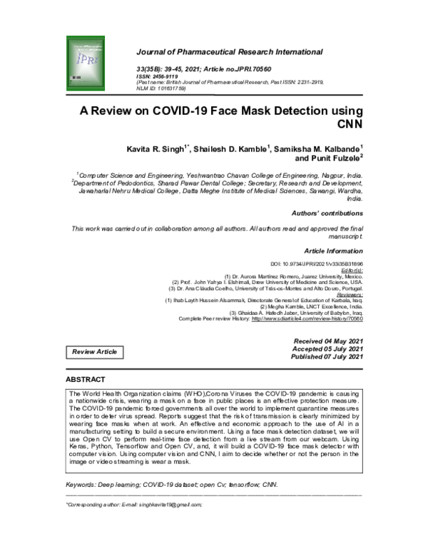 (PDF) A Review on COVID-19 Face Mask Detection using CNN