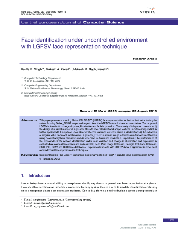 (PDF) Face identification under uncontrolled environment with LGFSV face representation technique