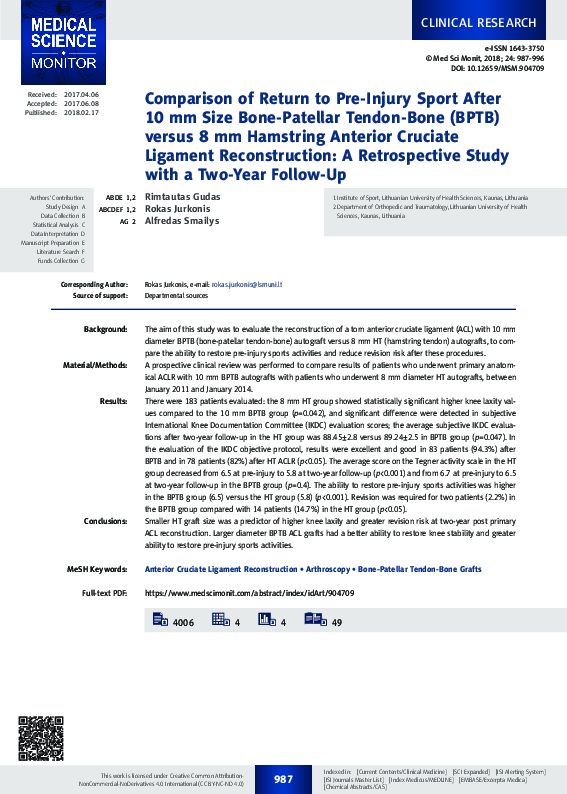 (PDF) Comparison of Return to Pre-Injury Sport After 10 mm Size Bone-Patellar Tendon-Bone (BPTB ...