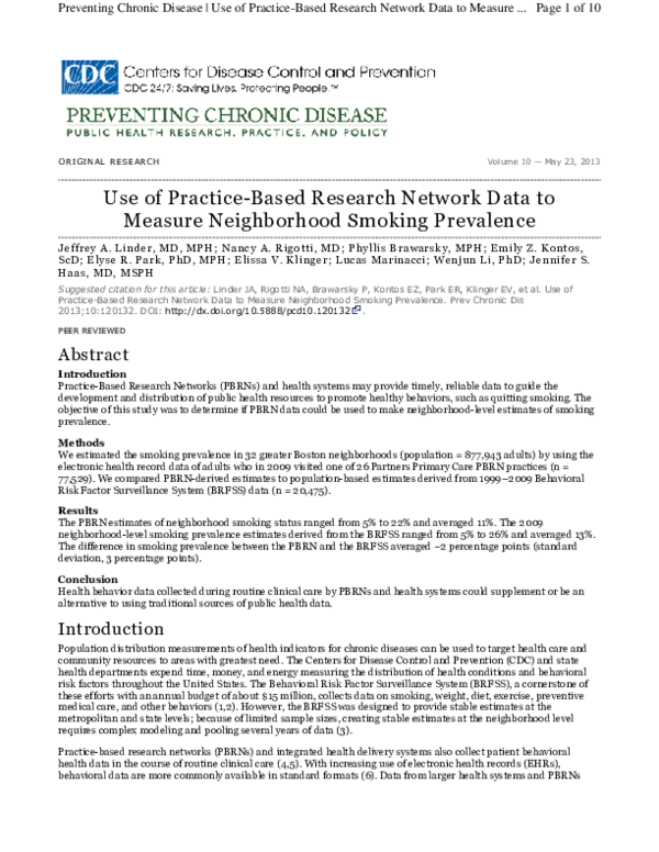 (PDF) Use of Practice-Based Research Network Data to Measure Neighborhood Smoking Prevalence