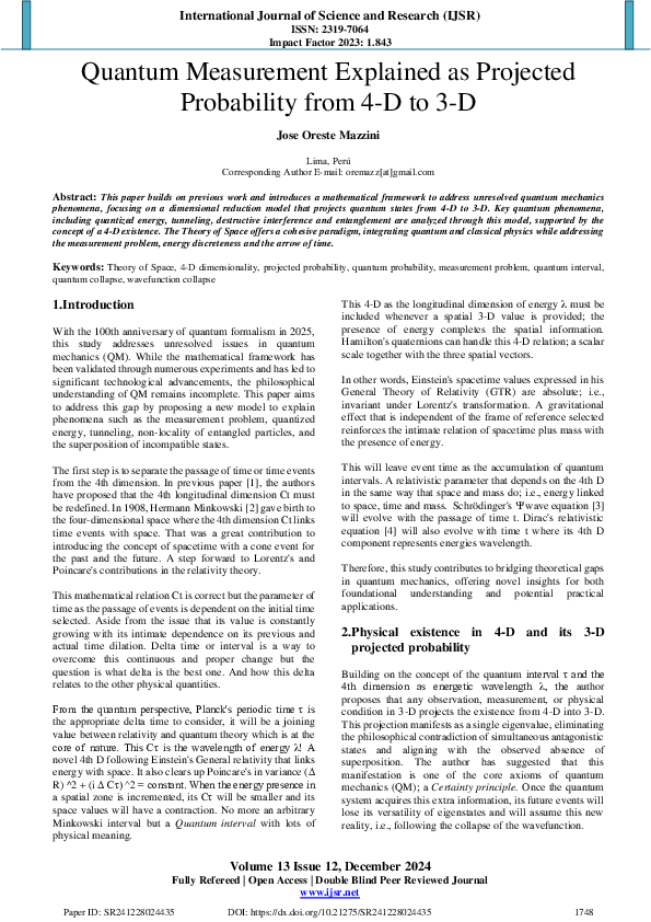 (PDF) Quantum Measurement explained as Projected Probability from 4-D ...