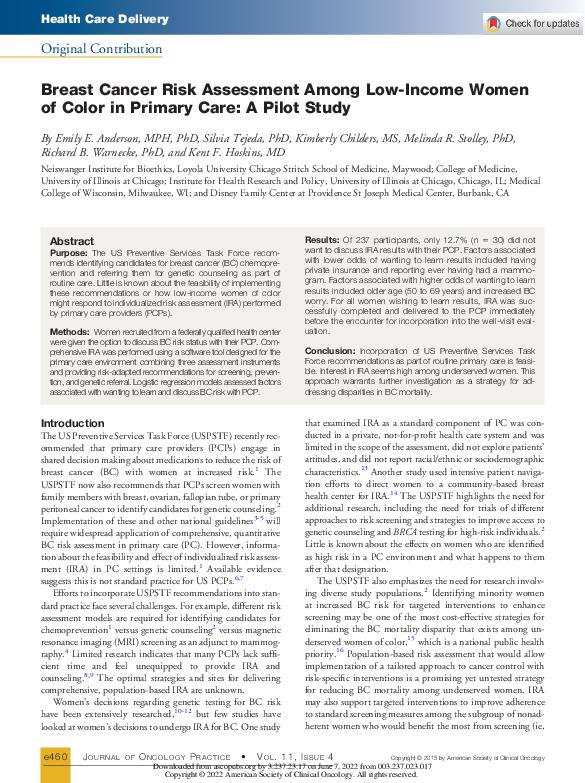 (PDF) Breast Cancer Risk Assessment Among Low-Income Women of Color in ...