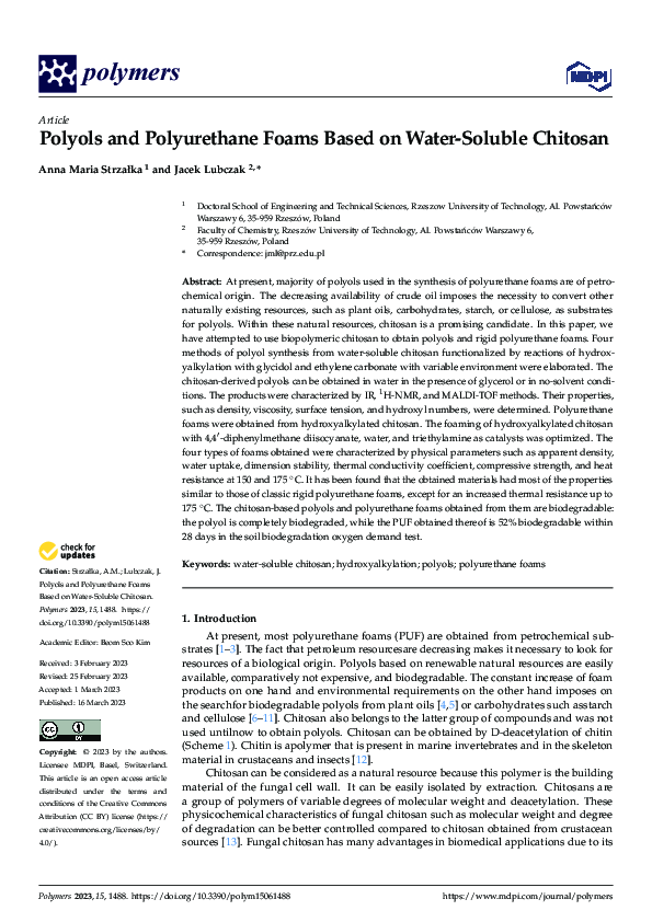 (PDF) Polyols and Polyurethane Foams Based on Water-Soluble Chitosan