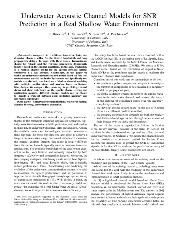 (PDF) Underwater Acoustic Channel Models for SNR Prediction in a Real ...