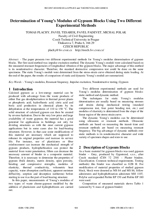 (PDF) Determination of Young ’ s Modulus of Gypsum Blocks Using Two ...