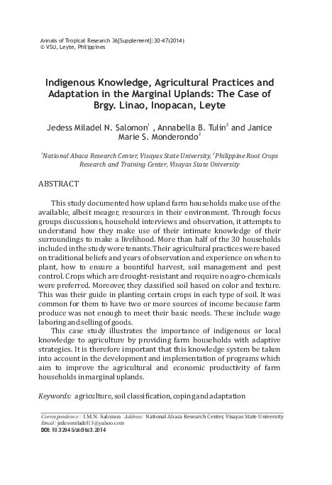 (PDF) Indigenous Knowledge, Agricultural Practices and Adaptation in the Marginal Uplands: The ...