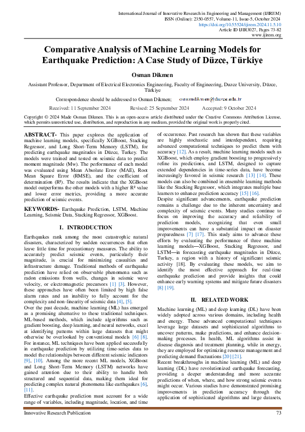 (PDF) Comparative Analysis of Machine Learning Models for Earthquake ...
