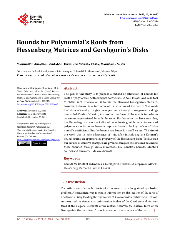 (PDF) Bounds for Polynomial’s Roots from Hessenberg Matrices and Gershgorin’s Disks
