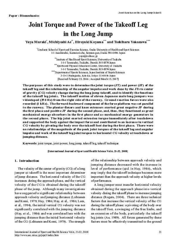 (PDF) Joint Torque and Power of the Takeoff Leg in the Long Jump