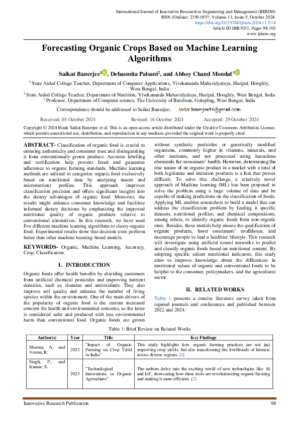 (PDF) Forecasting Organic Crops Based on Machine Learning Algorithms