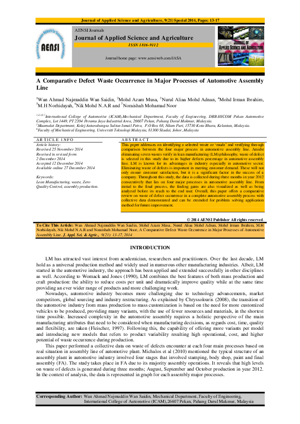(PDF) A Comparative Defect Waste Occurrence in Major Processes of ...
