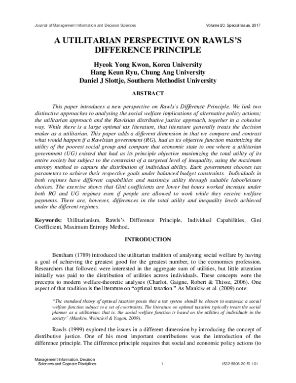 (PDF) A Utilitarian Perspective on Rawls's Difference Principle