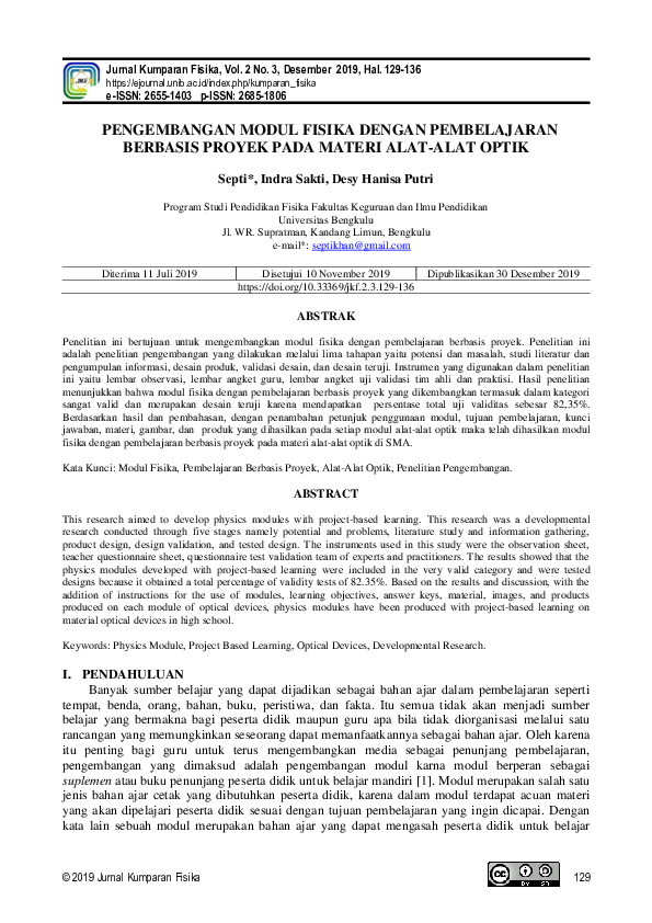 (PDF) Pengembangan Modul Fisika Dengan Pembelajaran Berbasis Projek ...