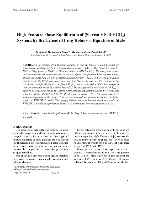 (PDF) High Pressure Phase Equilibrium of (Solvent + Salt + CO2) Systems ...