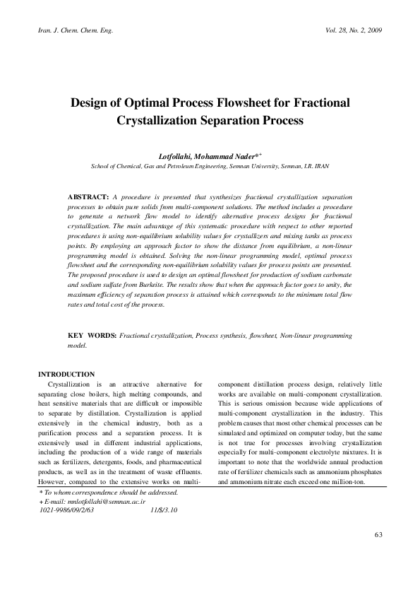 (PDF) Design of Optimal Process Flowsheet for Fractional Crystallization Separation Process