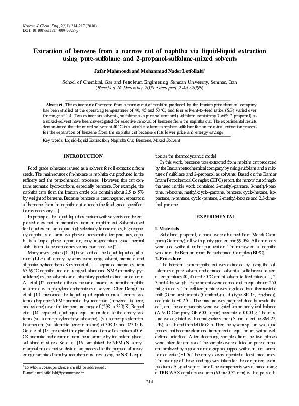 (PDF) Extraction of benzene from a narrow cut of naphtha via liquid-liquid extraction using pure ...
