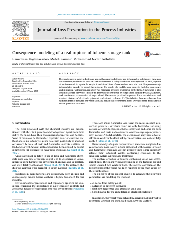 (PDF) Consequence modeling of a real rupture of toluene storage tank