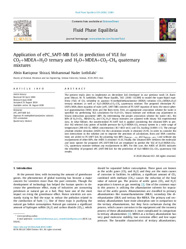 (PDF) Application of ePC_SAFT-MB EoS in prediction of VLE for CO2+MDEA+H2O ternary and H2O+MDEA ...