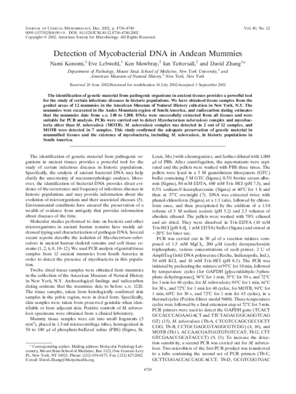 (PDF) Detection of Mycobacterial DNA in Andean Mummies | ian tattersall ...