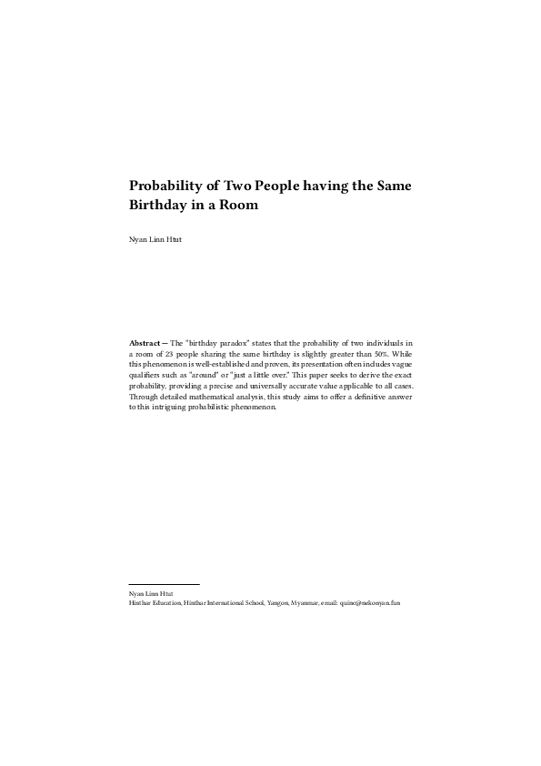 (PDF) Probability of Two People having the Same Birthday in a Room