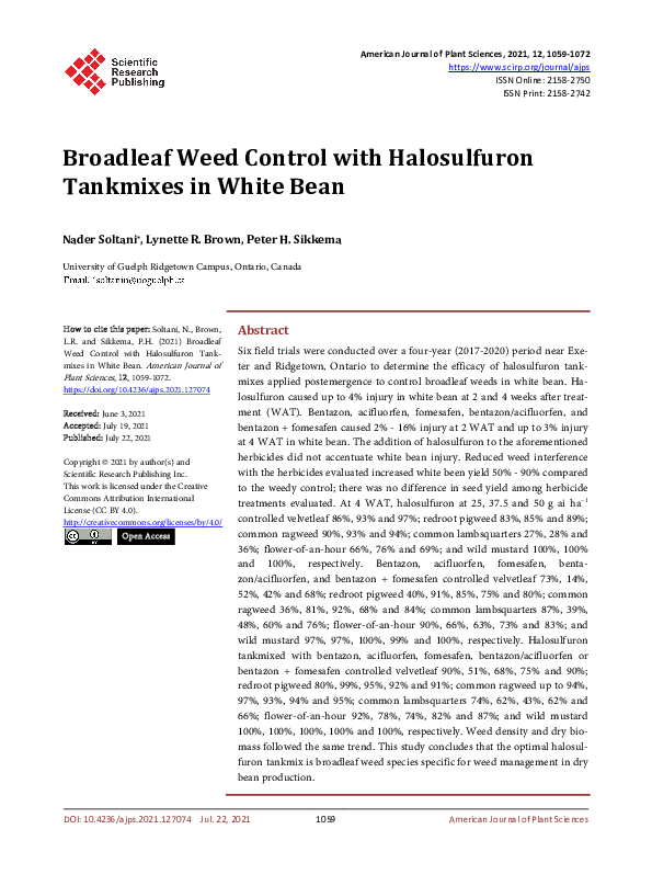 (PDF) Broadleaf Weed Control with Halosulfuron Tankmixes in White Bean