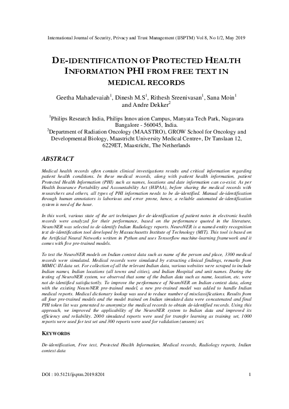 (PDF) De-Identification of Protected Health Information Phi from Free ...