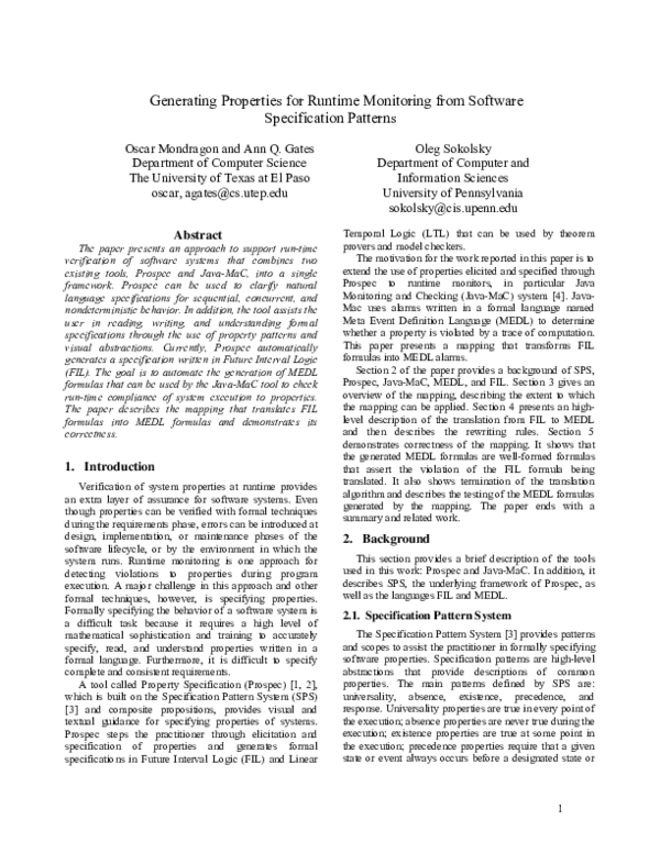 (PDF) Generating Properties for Runtime Monitoring from Software Specification Patterns