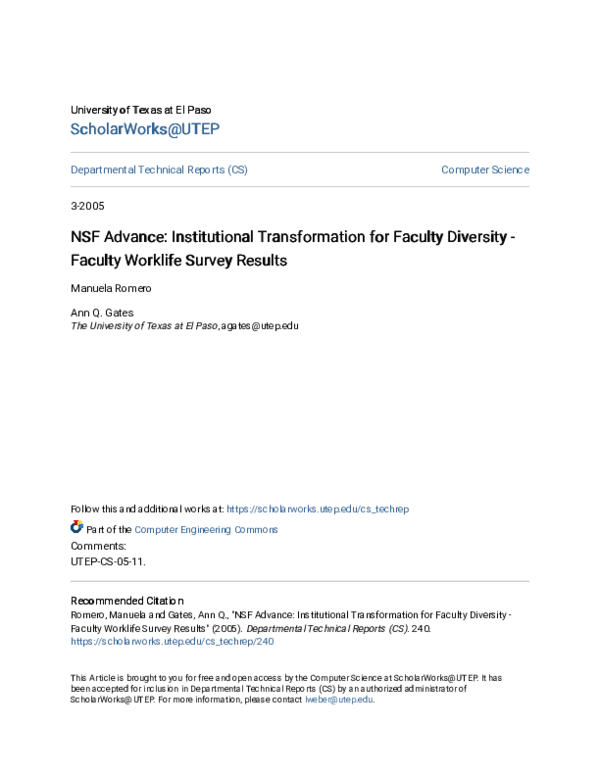 (PDF) NSF Advance: Institutional Transformation for Faculty Diversity - Faculty Worklife Survey ...