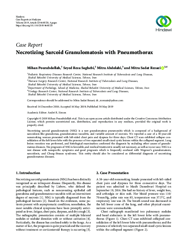 (PDF) Necrotizing Sarcoid Granulomatosis with Pneumothorax