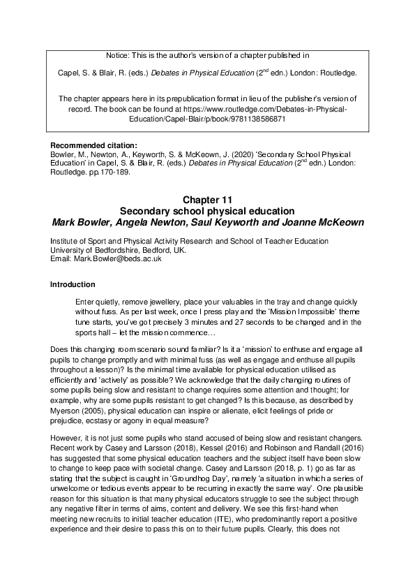 (PDF) Secondary school physical education
