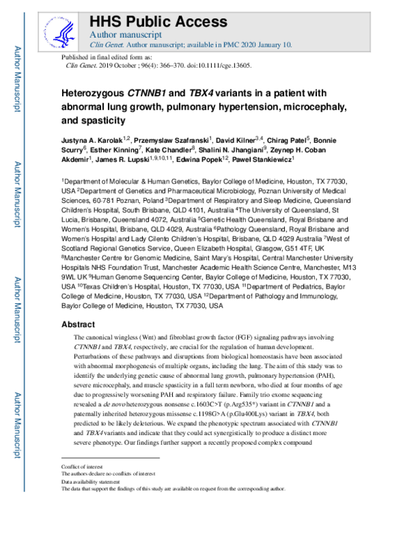 (PDF) Heterozygous CTNNB1 and TBX4 variants in a patient with abnormal lung growth, pulmonary ...