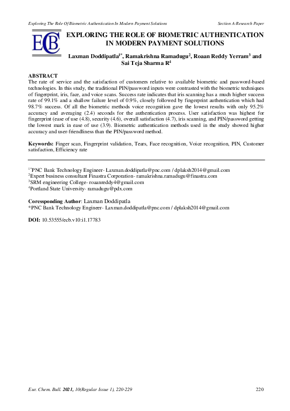 (PDF) EXPLORING THE ROLE OF BIOMETRIC AUTHENTICATION IN MODERN PAYMENT SOLUTIONS