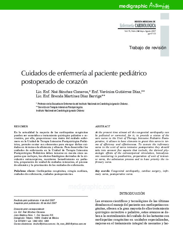 (PDF) Cuidados de enfermería al paciente pediátrico postoperado de corazón