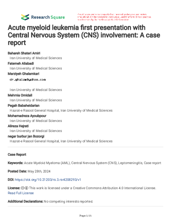 (PDF) Acute myeloid leukemia first presentation with Central Nervous ...