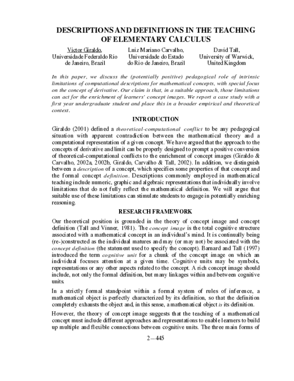 (PDF) Descriptions and Definitions in the Teaching of Elementary Calculus