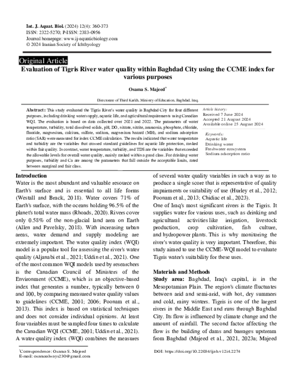 Pdf Evaluation Of Tigris River Water Quality Within Baghdad City