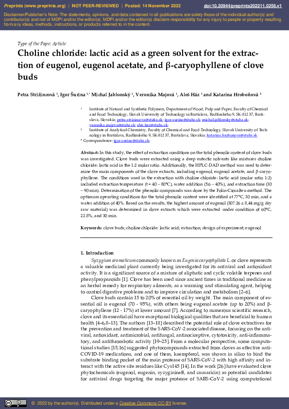 (PDF) Choline Chloride: Lactic Acid as a Green Solvent for the ...