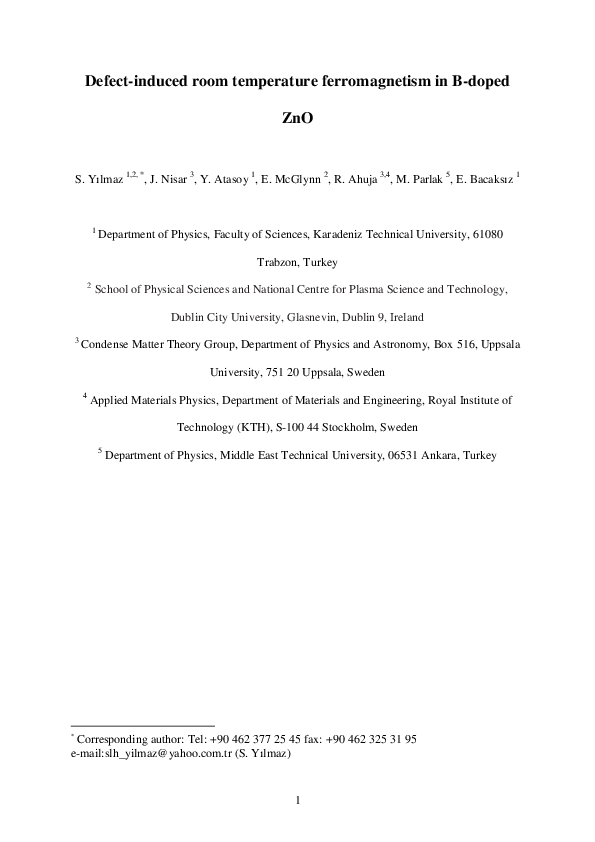 (PDF) Room Temperature Ferromagnetism in B-ZnO
