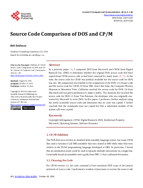 (PDF) Source Code Comparison of DOS and CP/M