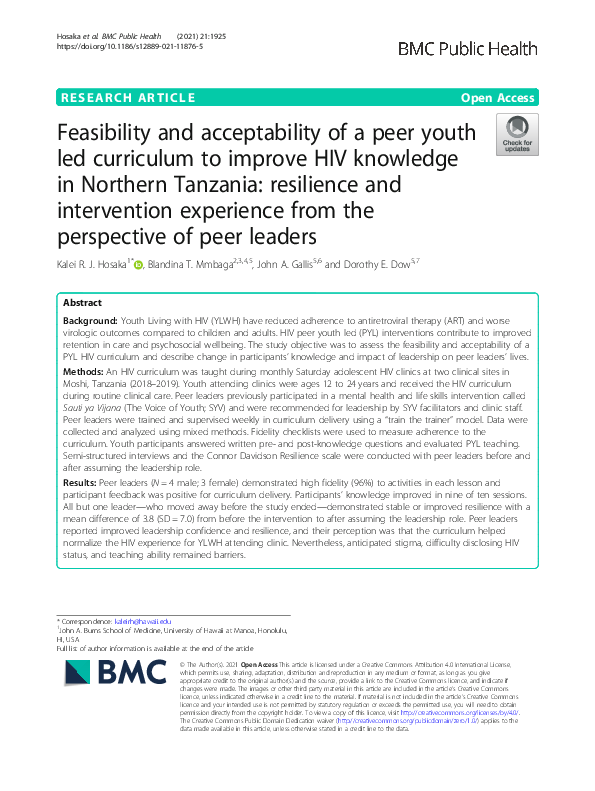 (PDF) Feasibility and acceptability of a peer youth led curriculum to improve HIV knowledge in ...