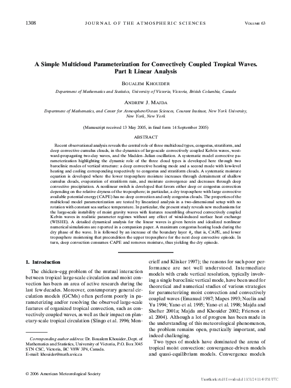 Pdf A Simple Multicloud Parameterization For Convectively Coupled Tropical Waves Part I