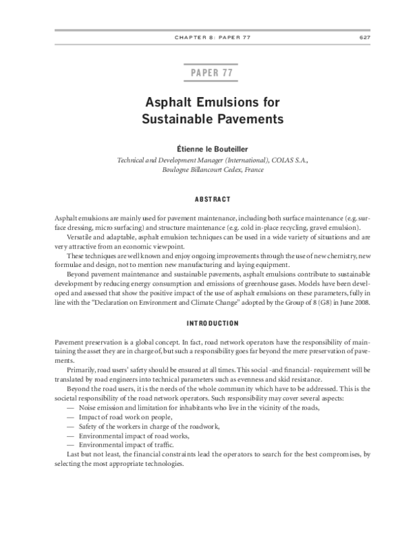 (PDF) Asphalt Emulsions for Sustainable Pavements