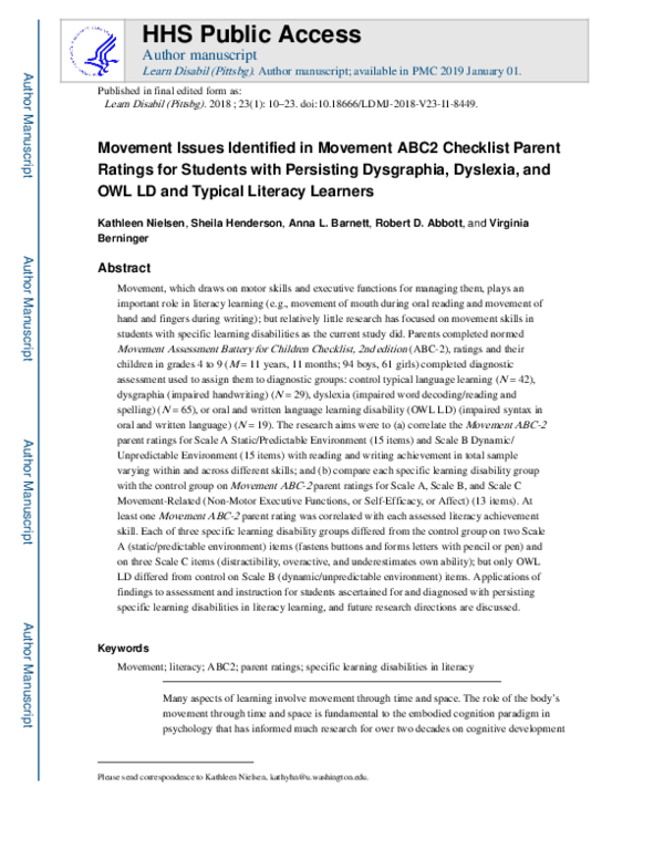 (PDF) Movement Issues Identified in Movement ABC2 Checklist Parent ...