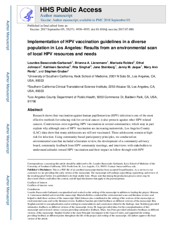 (PDF) Implementation of HPV vaccination guidelines in a diverse ...