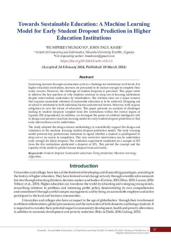 (PDF) Towards Sustainable Education: A Machine Learning Model for Early Student Dropout ...