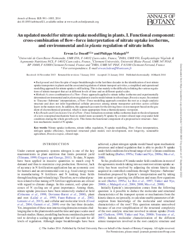 An updated model for nitrate uptake modelling in plants. I. Functional ...