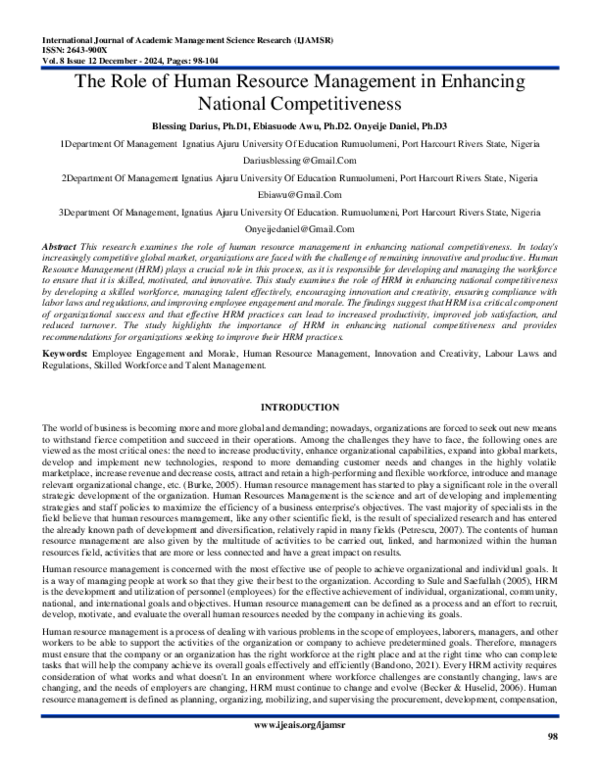 (PDF) The Role of Human Resource Management in Enhancing National ...